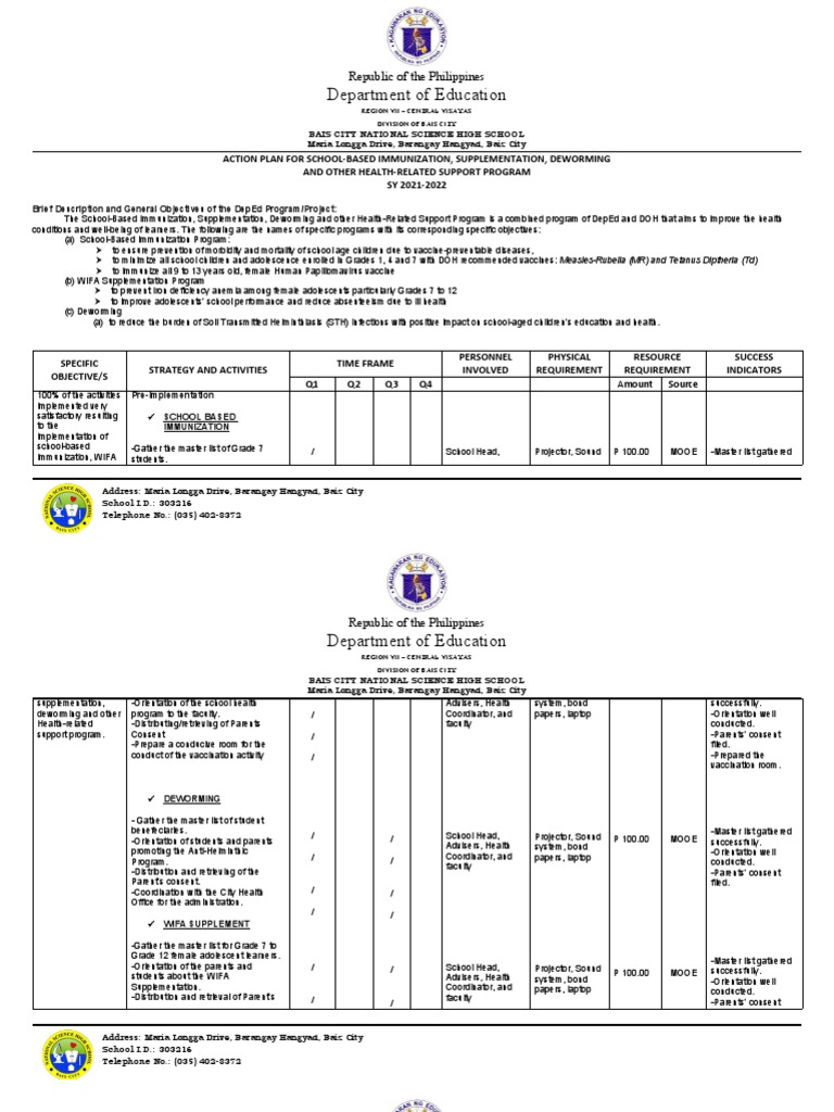 Action Plan for Implementing School-Based Immunization, Supplementation ...