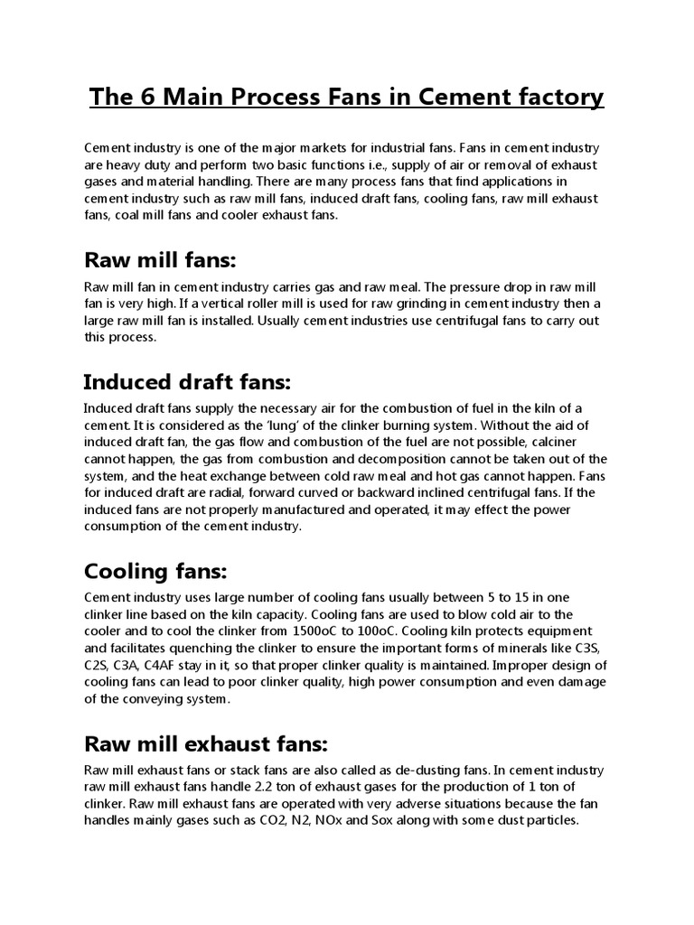 The 6 Main Process Fans in Cement Factory | PDF | Cement | Concrete