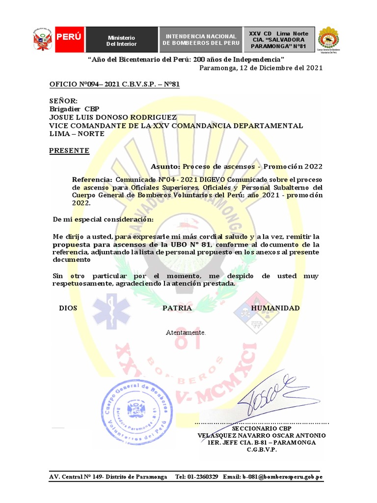 Propuesta de ascensos del personal de la Compañía de Bomberos Voluntarios "Salvadora Paramonga ...