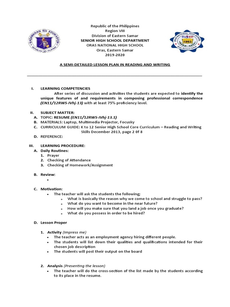 LP Reading and Writing (Resume) | PDF | Teachers | Curriculum