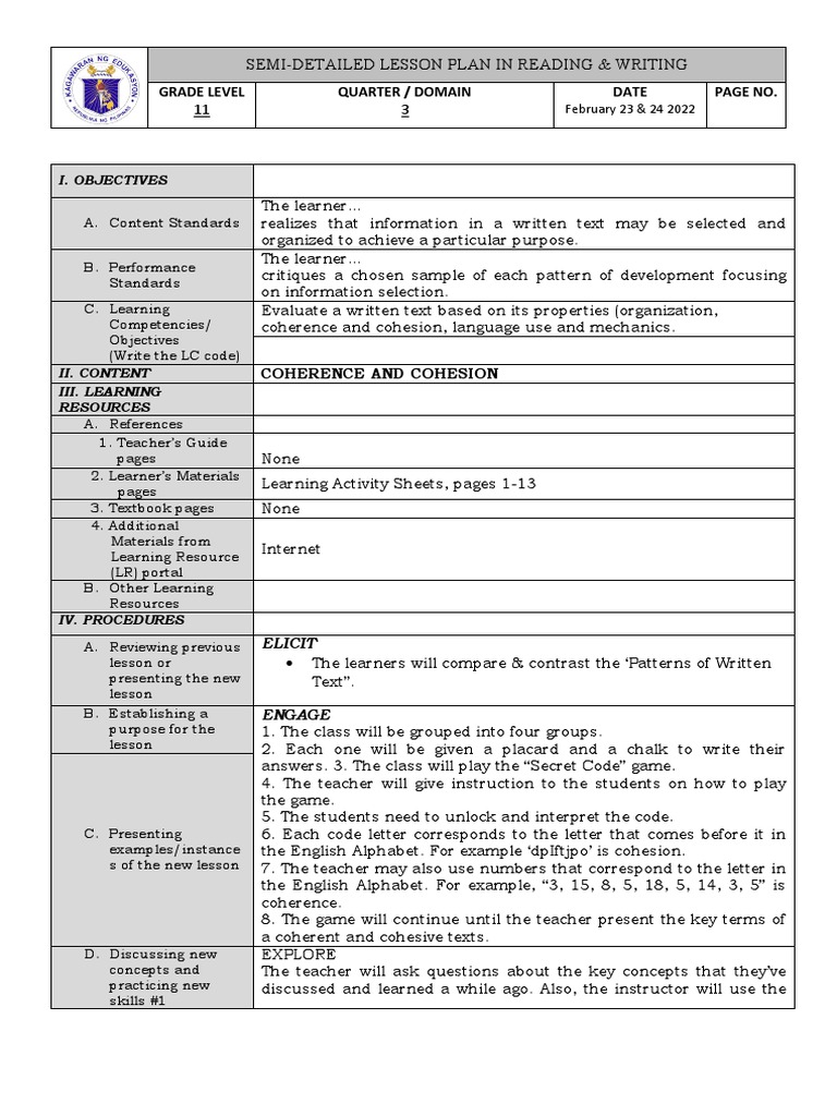 Semi-Detailed Lesson Plan in Reading & Writing: Grade Level Quarter ...