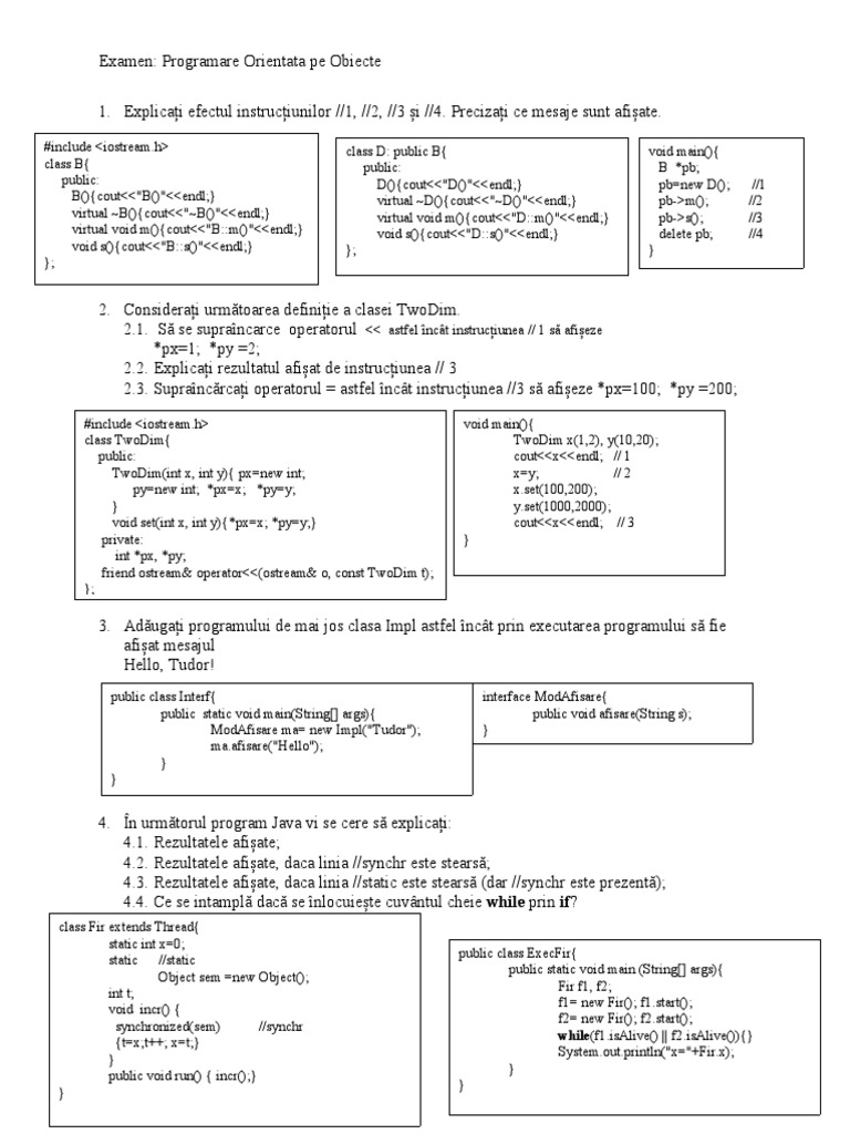 Examen Programare Orientata Pe Obiecte | PDF
