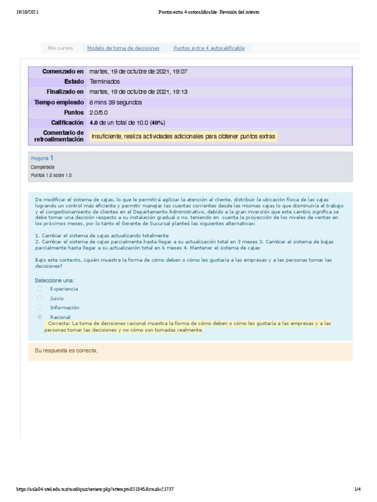 Puntos Extra 4 Autocalificable - Modelo de Toma de Decisiones | PDF | Toma de decisiones | Cognición