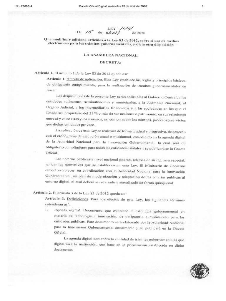 Ley Que Promueve La Digitalización de Procesos República de Panamá | PDF