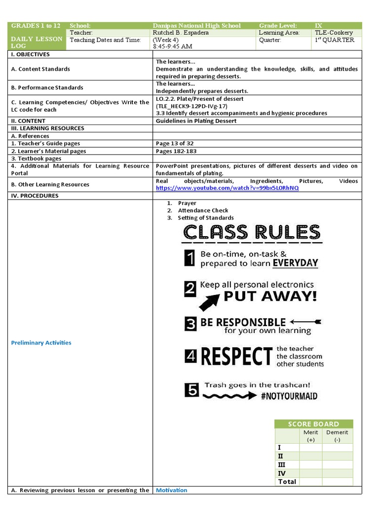 I. Objectives: GRADES 1 To 12 Daily Lesson LOG School: Danipas National ...