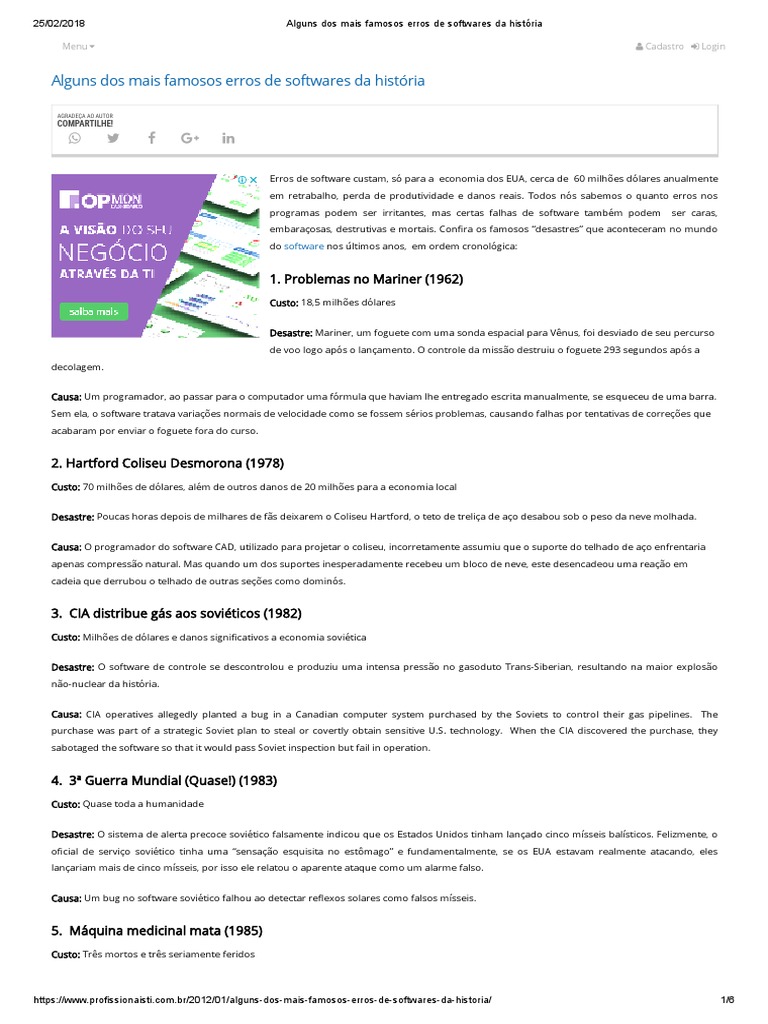 Alguns Dos Mais Famosos Erros de Softwares Da História | PDF