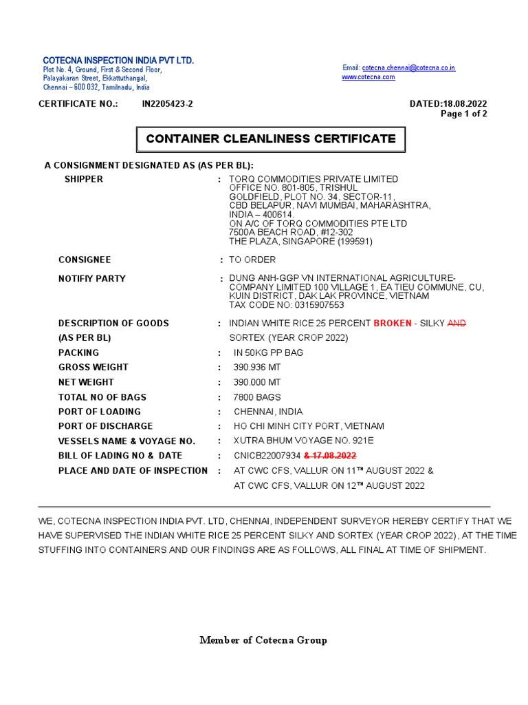 IN2205423-2 Container Cleanliness Certificate - 25% - Draft | PDF ...