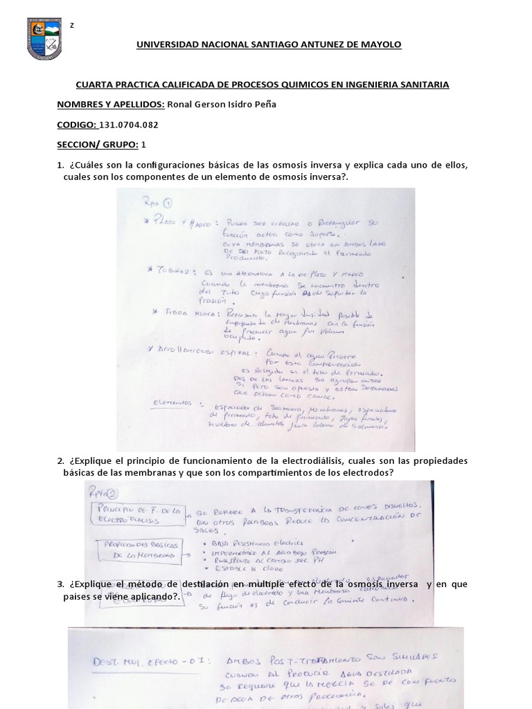 Cuarta Práctica Calificada PQIS - Sección 01 | PDF | Agua | Ósmosis