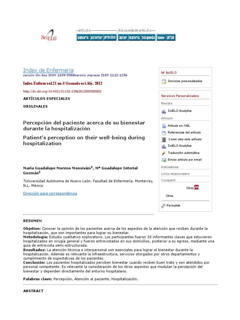 Percepcion Del Paciente Acerca de Su Bienestar Durante La Hospitalizacion | PDF | Enfermería ...