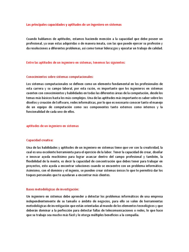 Las Principales Capacidades y Aptitudes de Un Ingeniero en Sistemas | PDF | Informática ...