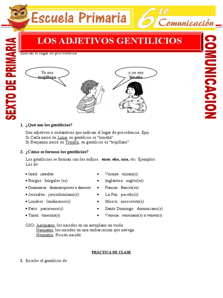 Los Adjetivos Gentilicios para Sexto de Primaria | PDF | Morfología Lingüística | Lingüística