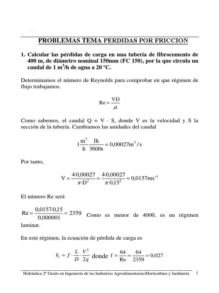 Tema Perdidas Por Fricción Problemas Resueltos | PDF | Numero Reynolds | Ingeniería de Edificación
