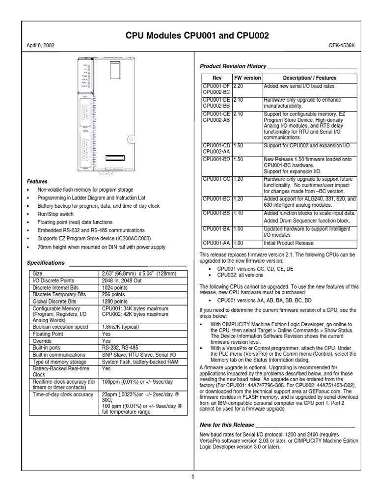 CPU Modules CPU001 and CPU002: Product Revision History | PDF ...