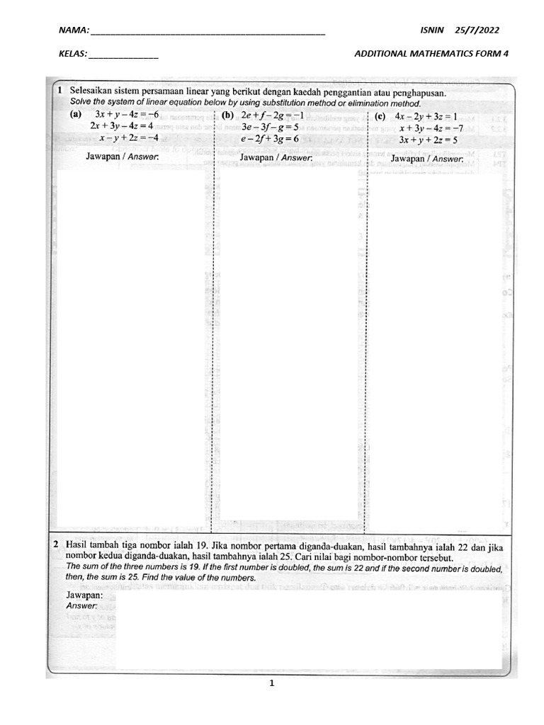 NAMA: - ISNIN 25/7/2022 KELAS: - Additional Mathematics Form 4 | PDF
