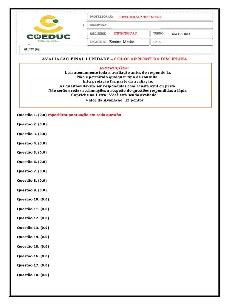 MODELO DE AVALIAÇÃO FINAL - Ensino Médio | PDF
