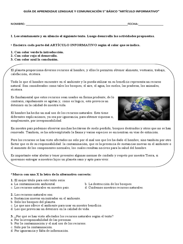 Guía 5° Lenguaje Artículo Informativo Comprensión | PDF | Contaminación ...