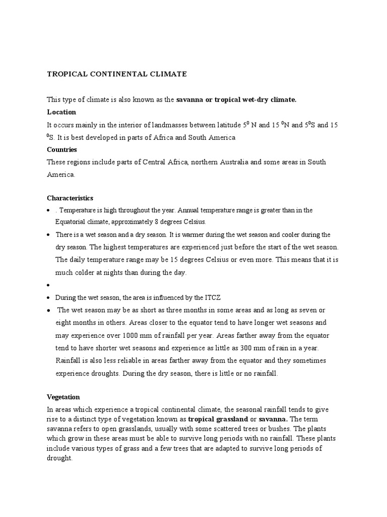 Tropical Continental Climate | PDF | Wet Season | Climate