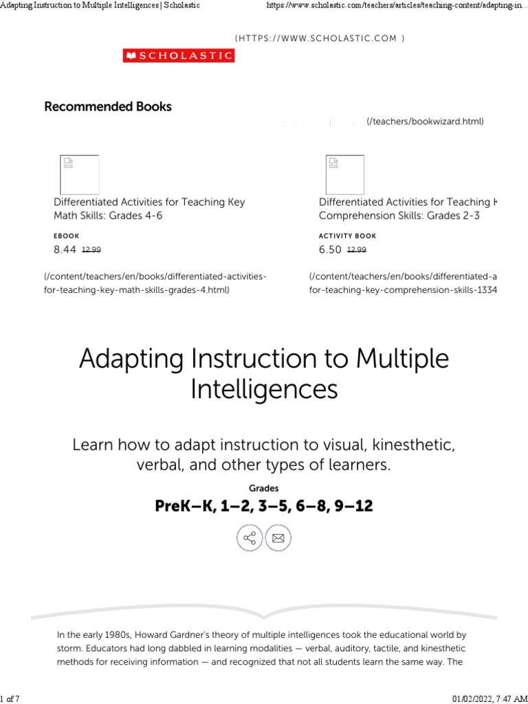 Adapting Instruction To Multiple Intelligences Scholastic | PDF | Intelligence | Teachers
