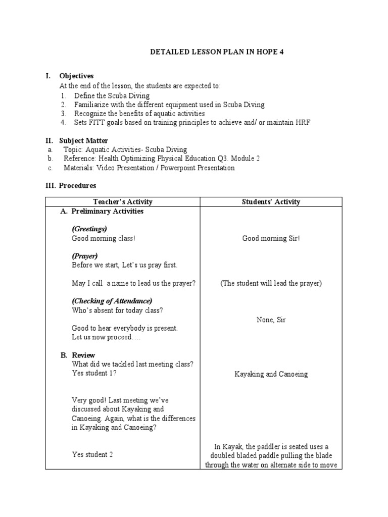 Detailed Lesson Plan in Hope 4 I. Objectives: (Greetings) (Prayer ...