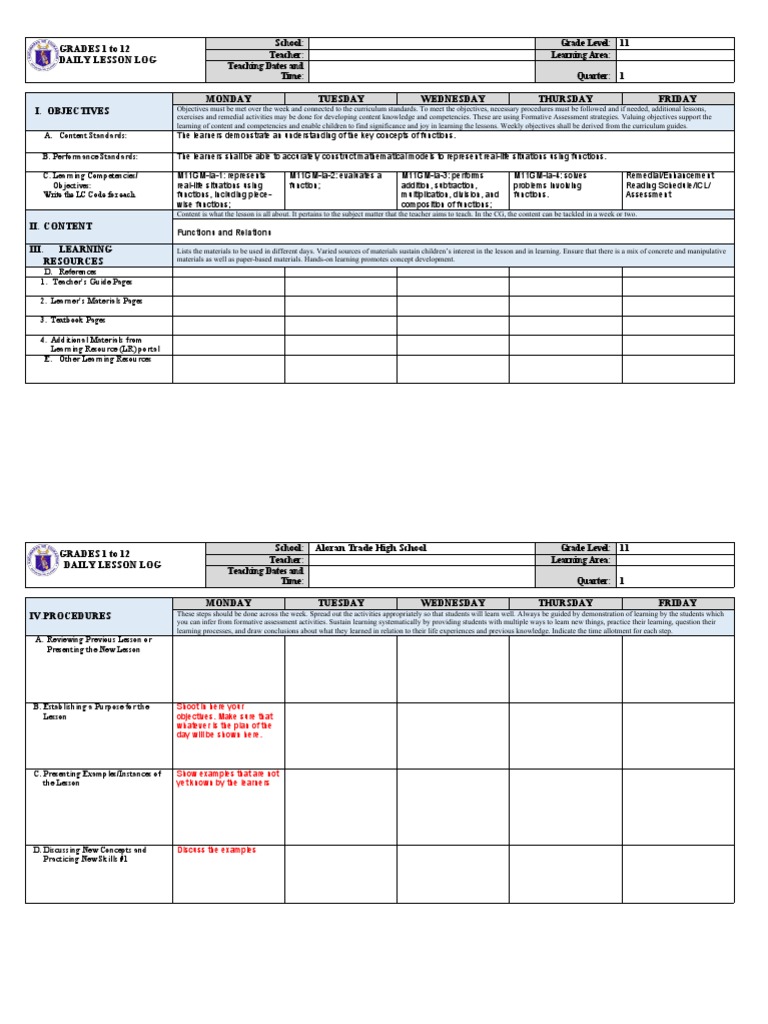 GRADES 1 To 12 Daily Lesson Log 11 1 I. Objectives Monday Tuesday Wednesday Thursday Friday ...