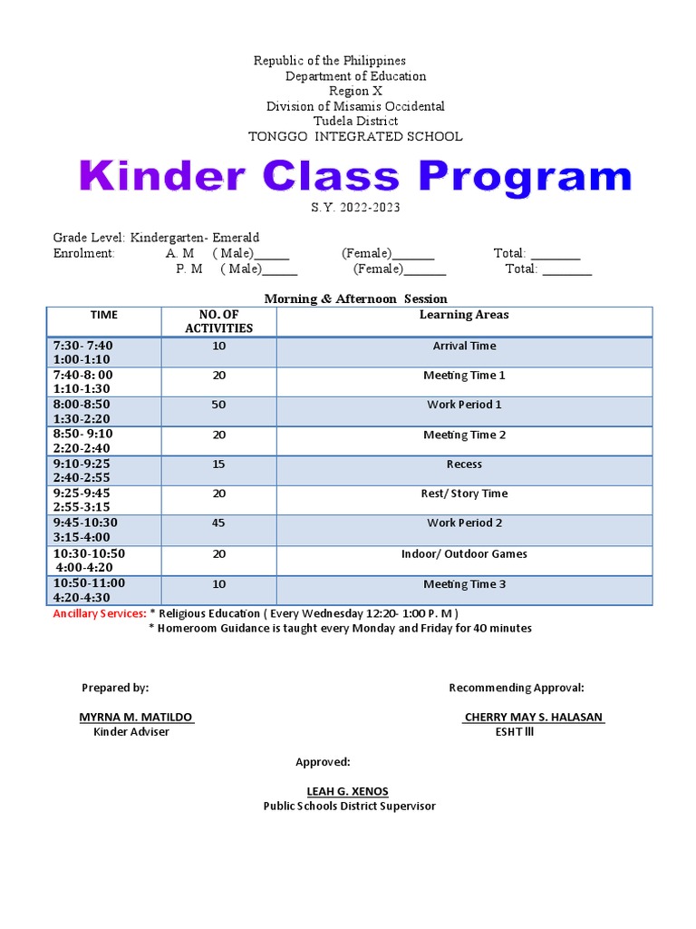 Class Program 2022 - 2023 (Kinder) | PDF | Schools | Educational ...