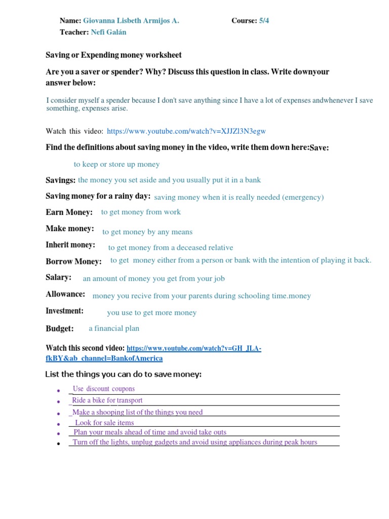 Saving vs. Spending Money Worksheet | PDF | Money | Economies