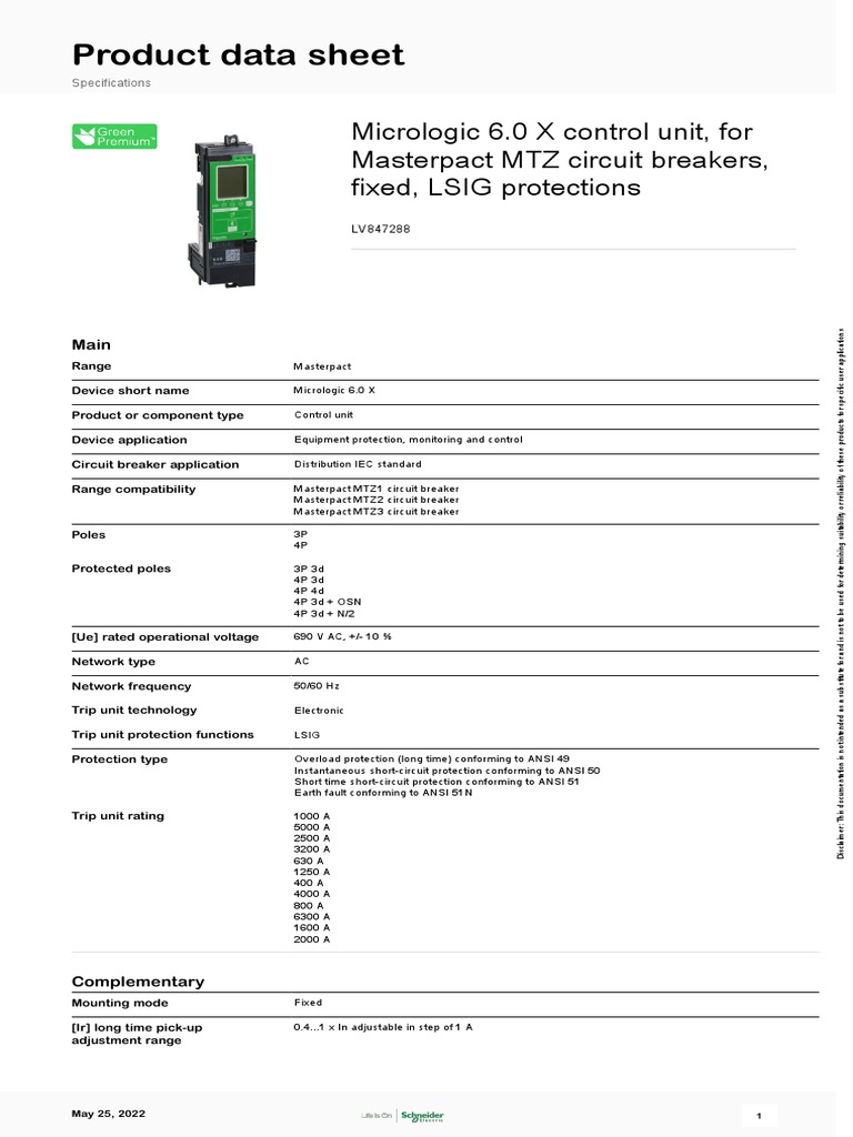 Product Data Sheet: Micrologic 6.0 X Control Unit, For Masterpact MTZ ...