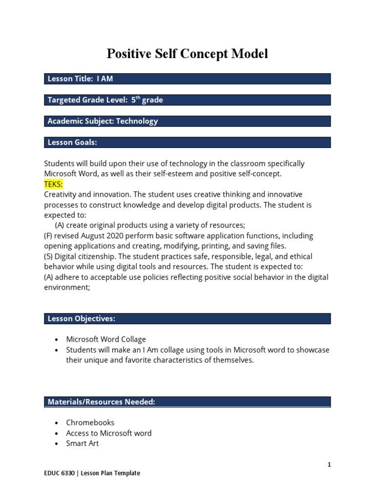 Positive Self Concept Model | PDF | Self Concept | Lesson Plan
