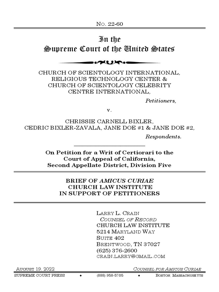 Bixler v. Scientology: Amicus Brief Form Church Law Institute | PDF ...