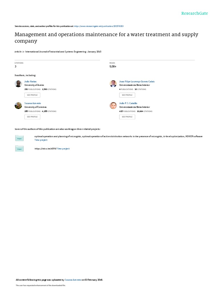 Management and Operations Maintenance For A Water Treatment and Supply ...