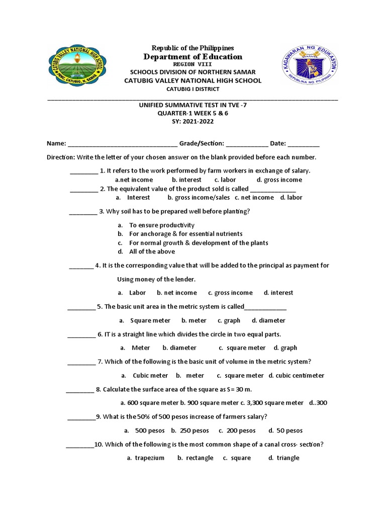Unified Summative Test TVE-7 Weeks 5-6 | PDF | Area