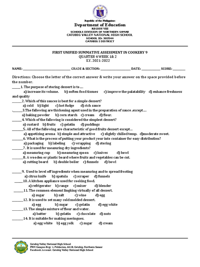 Cookery 9 Summative Assessment Q4 | PDF | Desserts | Pudding