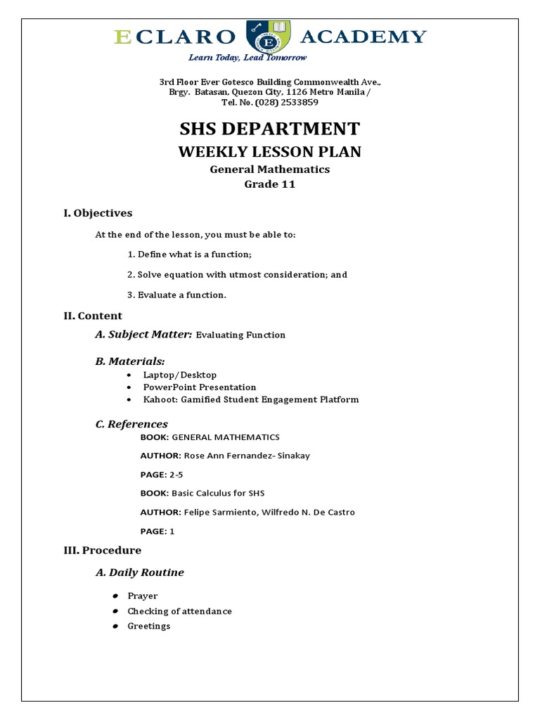 Grade 11 General Math Lesson Plan | PDF | Function (Mathematics) | Mathematics