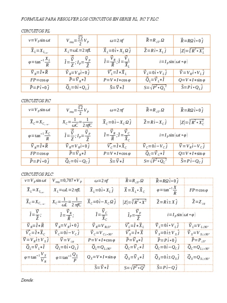 Formulas para Resolver Los Circuitos en Serie RL, RC y RLC | PDF | Ingenieria Eléctrica ...