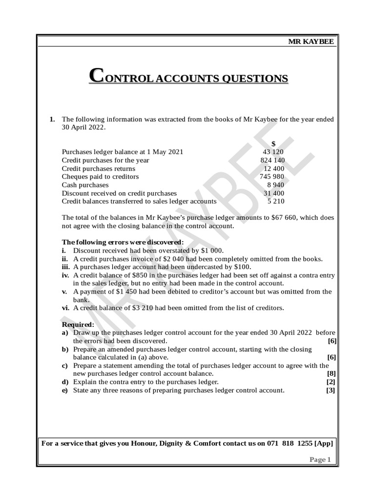 Control Account Test 2022 | PDF | Debits And Credits | Ledger