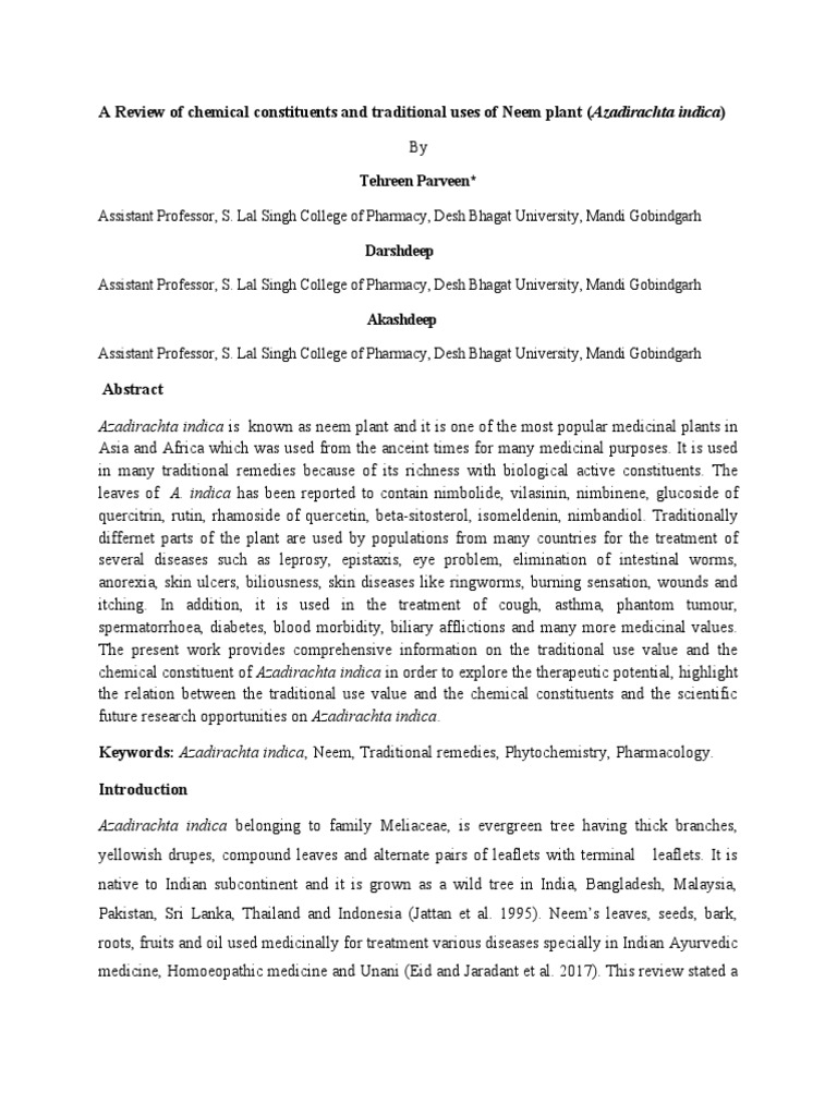 A Review of Chemical Constituents and Traditional Uses of Neem Plant ...
