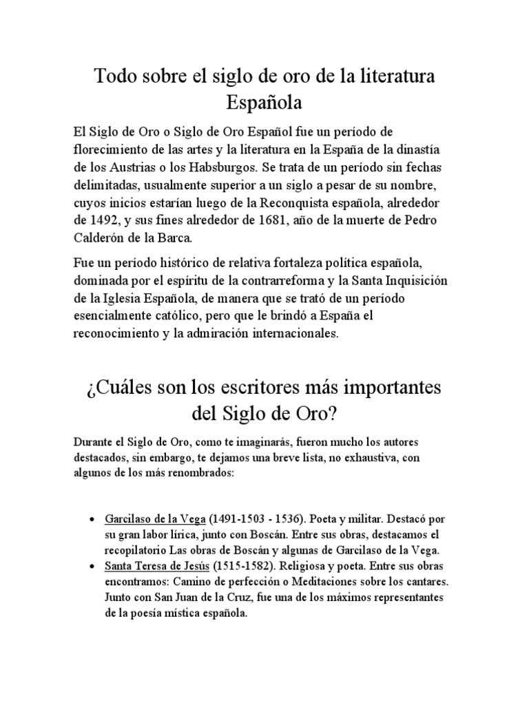 Todo Sobre El Siglo de Oro de La Literatura Española | PDF | Barroco ...