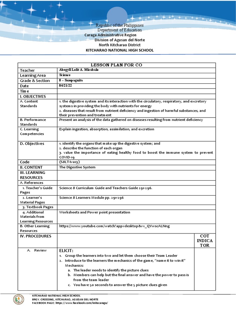 Kitcharao National High School Lesson Plan For Co | PDF | Human ...