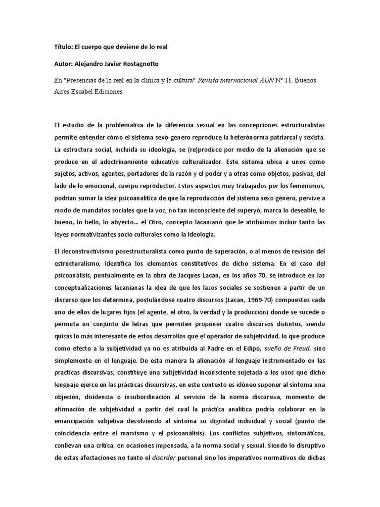 El Cuerpo Que Deviene de Lo Real AUN 2019 | PDF | Jacques Lacan ...