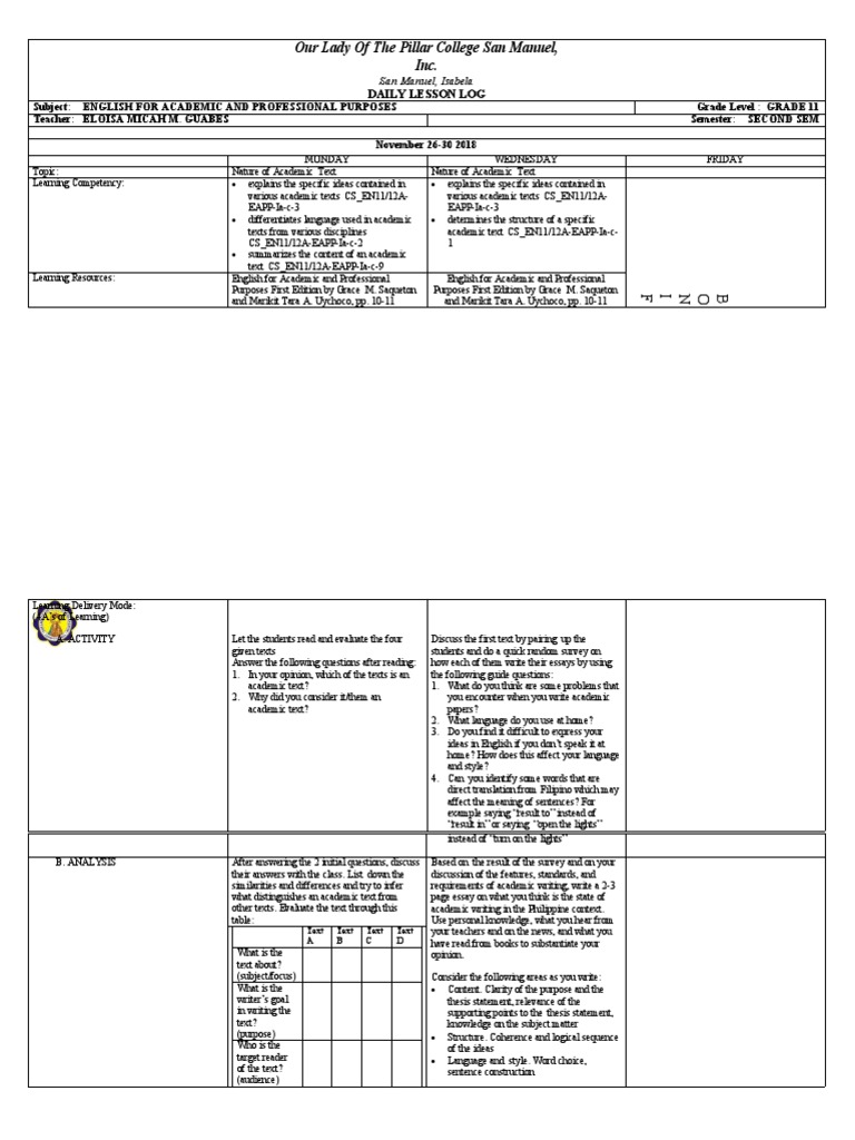 Eapp DLL From Week 1 Week5 | PDF | Teachers | Essays