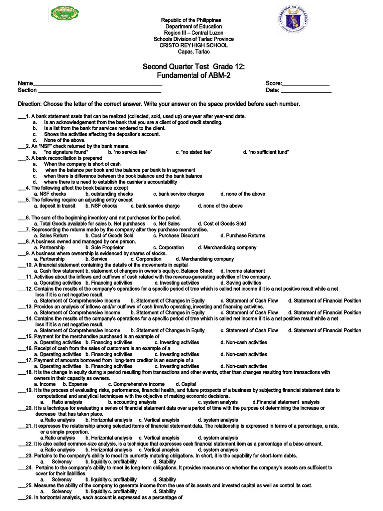 Second Quarter Test Grade 12: Fundamental of ABM-2 | PDF | Financial ...