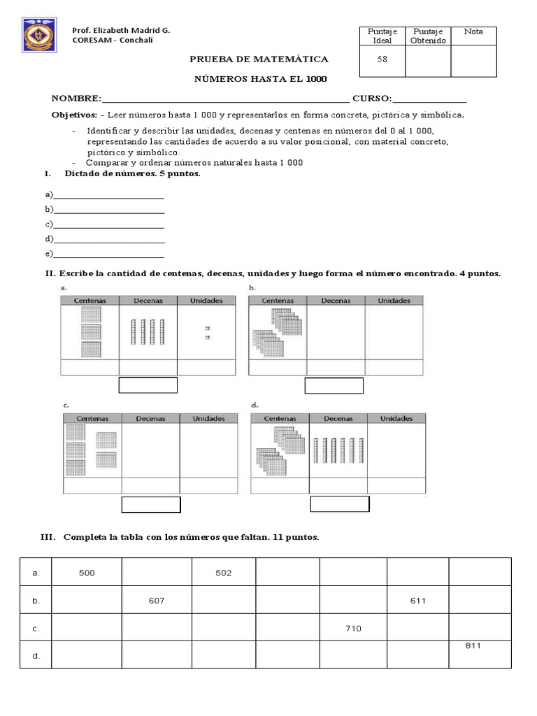 Prueba de Matemática Números Hasta El 1000 | PDF
