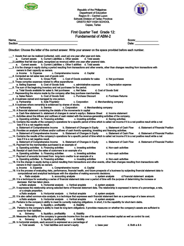 First Quarter Test Grade 12: Fundamental of ABM-2 | PDF | Financial ...