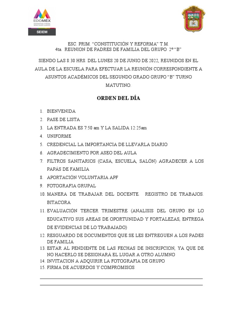 Orden Del Dia Reunion de Padres de Familia | PDF