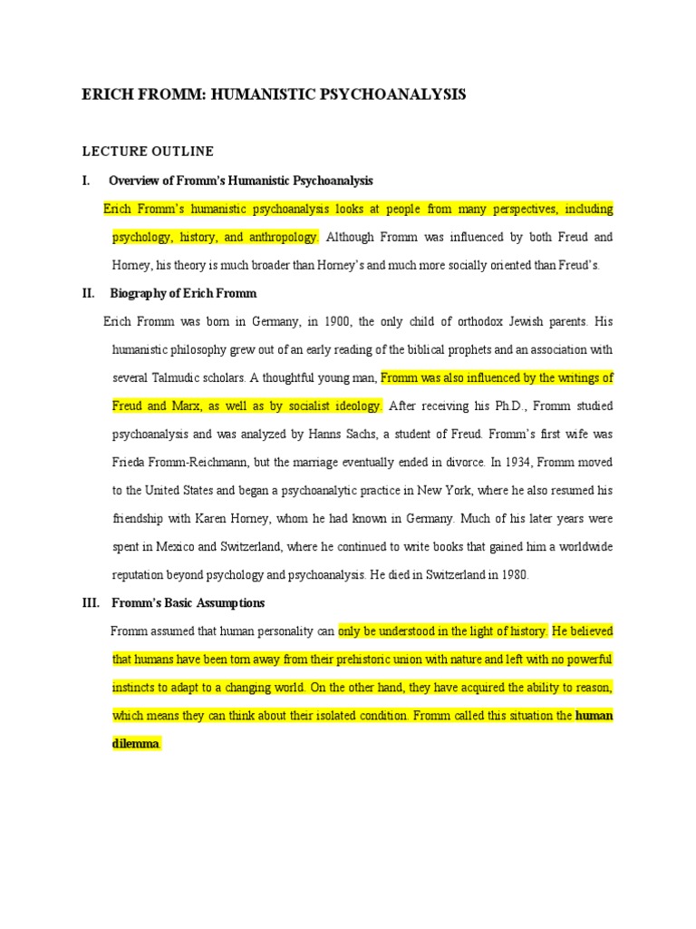 Erich Fromm: Humanistic Psychoanalysis: Lecture Outline | PDF | Erich Fromm | Psychoanalysis