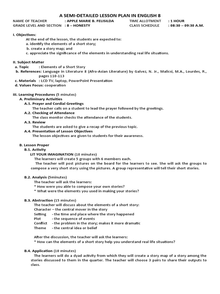 Semi-Detailed Lesson Plan in Elements of A Short Story | PDF | Lesson ... Semi-Detailed Lesson Plan in Elements of A Short Story | PDF | Lesson ...