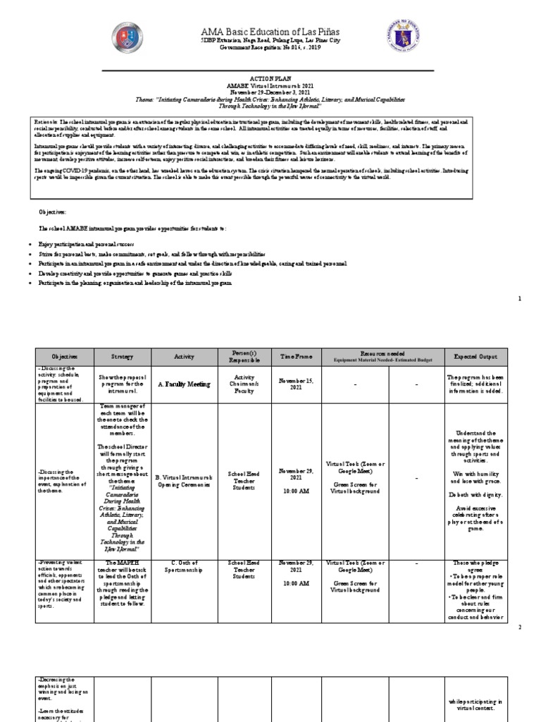 AMA Basic Education of Las Piñas: Action Plan AMABE Virtual Intramurals ...
