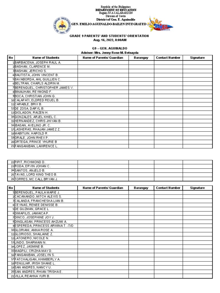 Grade 9 Orientation Details | PDF | Philippines