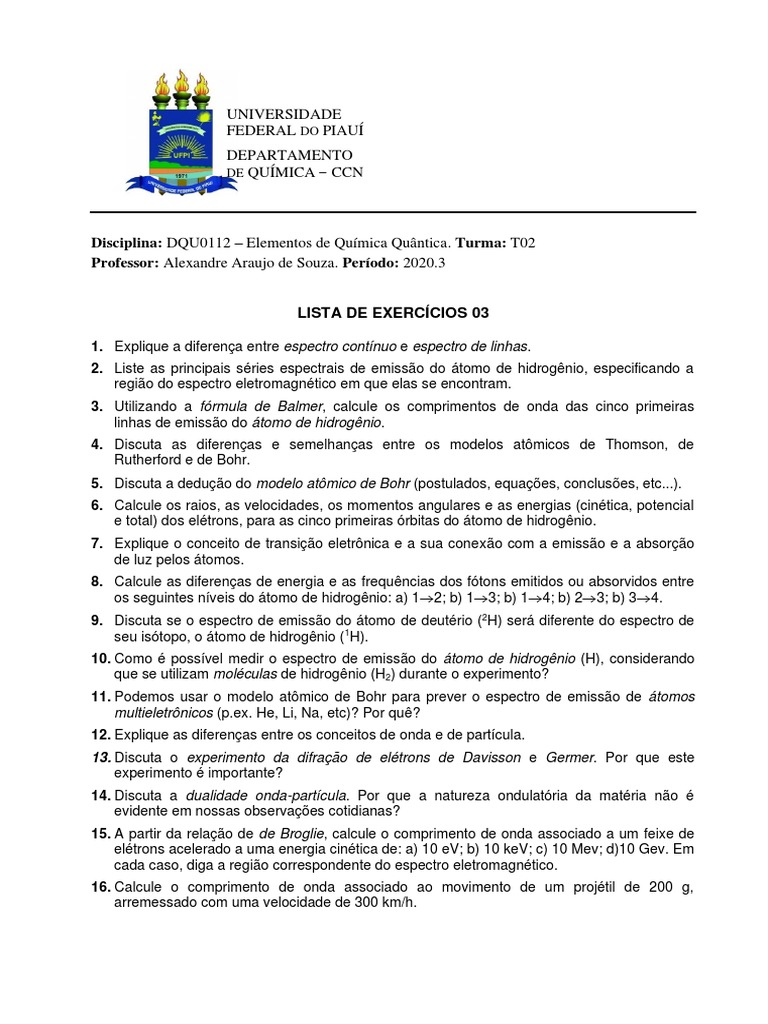 Lista de Exercicios 03 - DQU0112 EQQ | PDF | Elétron | Espectro eletromagnético
