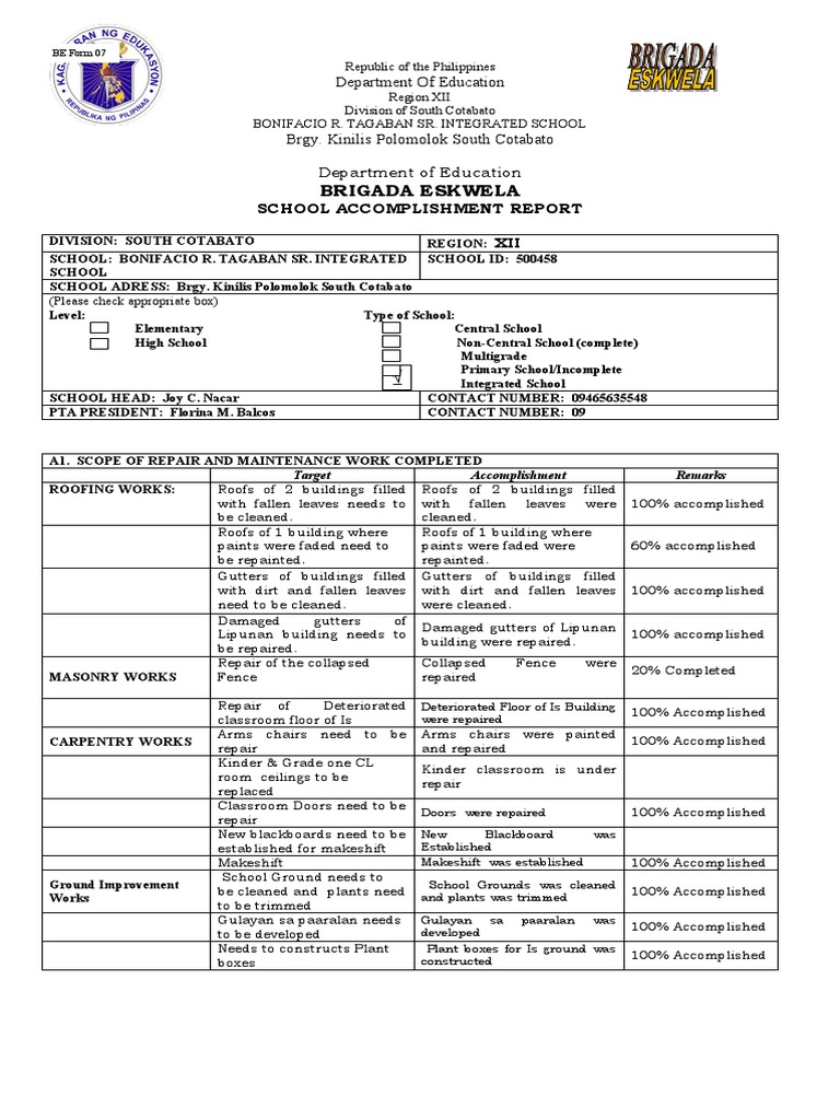 Brigada Eskwela: School Accomplishment Report XII | PDF